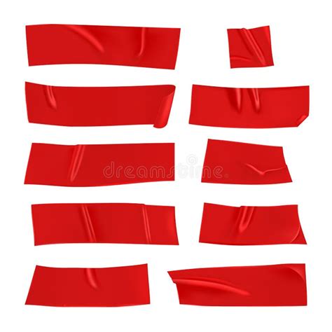 Red Duct Tape Set Realistic Red Adhesive Tape Pieces For Fixing Isolated On White Background