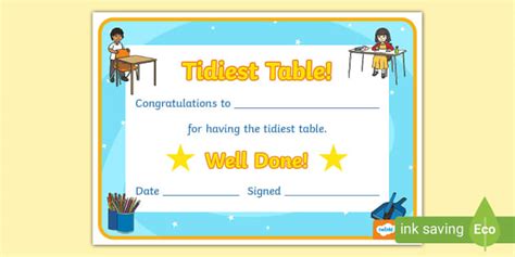 Tidiest Table Certificate Tidy Table Certificates Twinkl