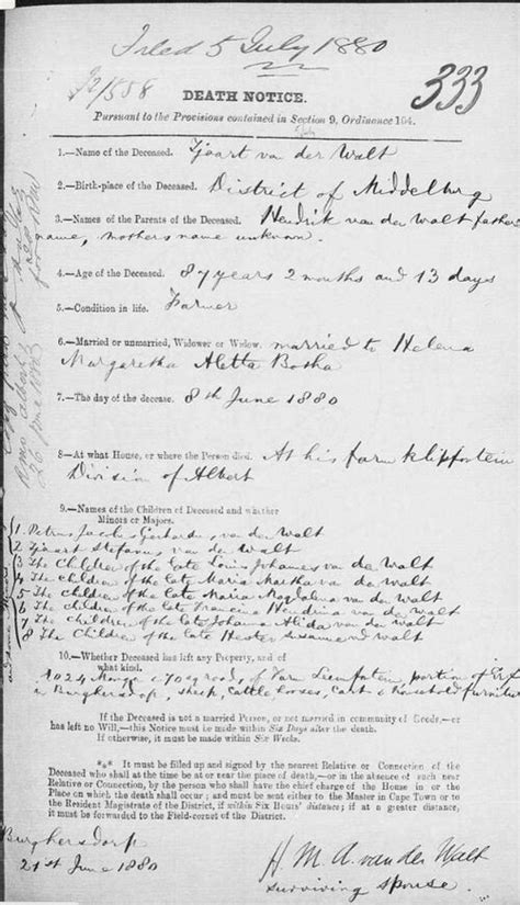 Death Notice Of Tjaart Van Der Walt 1793 1880