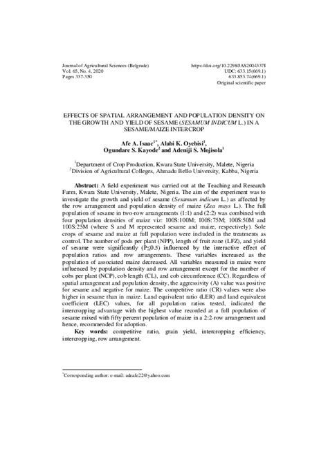 Pdf Effects Of Spatial Arrangement And Population Density On The Growth And Yield Of Sesame