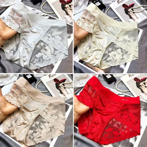 Mens High End Satin Light Luxury Lace Breathable Mesh Cotton Briefs