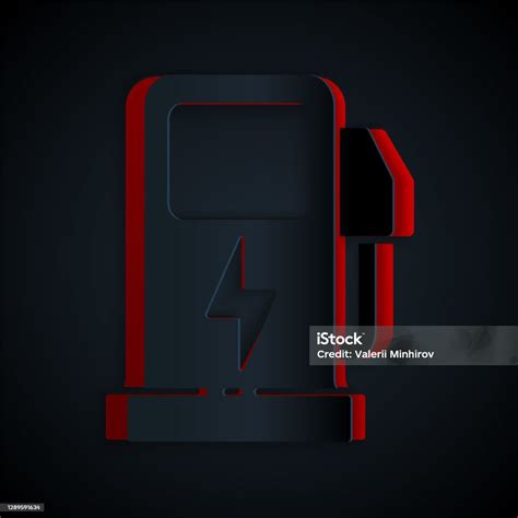 종이 는 검은 색 배경에 고립 된 전기 자동차 충전소 아이콘을 잘라 에코 전기 연료 펌프 표지판 종이 아트 스타일 벡터 3차원 형태에 대한 스톡 벡터 아트 및 기타 이미지