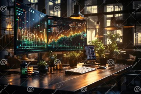 Modern Workstation With Dual Monitors Displaying Data Visualization And Graphs Stock