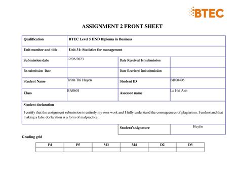 Môn Xác Suất Thống Kê Assignment 2 Front Sheet Qualification Btec