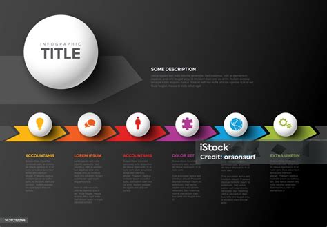 Six White Sphere Steps Dark Timeline Process Infographic向量圖形及更多信息圖形圖片