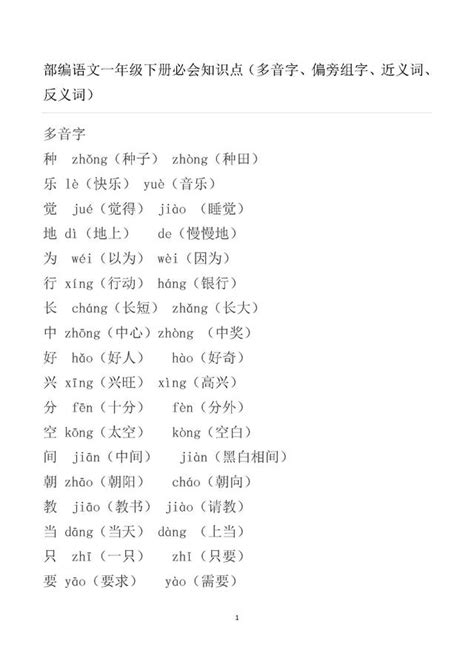 部编语文一年级下册必会知识点多音字、偏旁组字、近义词、反义词