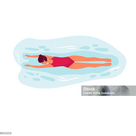 귀여운 소녀는 흰색에 Isolatted 여름 휴가에 물 속에서 수영 빨간 수영복과 고글을 입은 여자 수영 벡터 만화 플랫 벡터에 대한 스톡 벡터 아트 및 기타 이미지