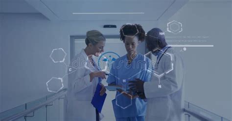 Image Of Data Processing With Chemical Formula Over Diverse Doctors In