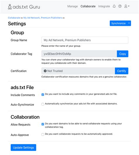 Collaborate Group Settings Usage Documentation Support Adstxt Guru