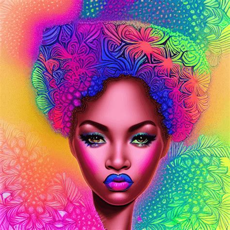 African American Woman Curly Hair Graphic Colors Floral Lisa Frank