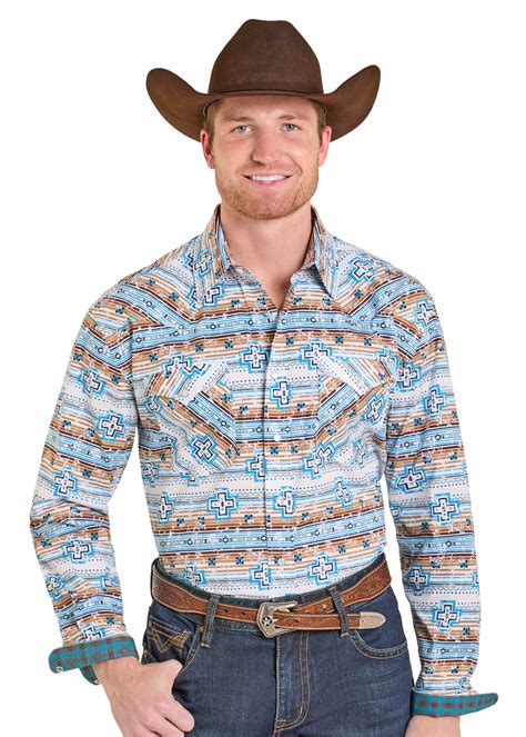Mens Rough Stock Diamond Plaid Long Sleeve Snap Shirt Panhandle Slim