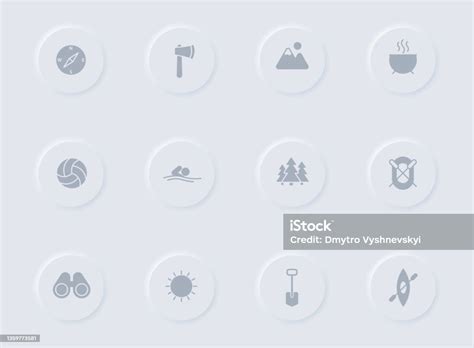 둥근 고무 버튼에 회색 벡터 아이콘을 캠핑 웹 모바일 앱 Ui 디자인 및 프로모션 비즈니스 폴리그래피용 캠핑 아이콘 세트 걷기에