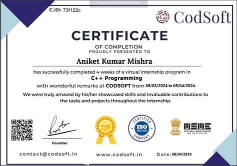 Aniket Kumar Mishra On Linkedin Cplusplus Internship Certification