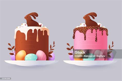 흰색 유약으로 장식된 축제 부활절 케이크 그 위에 초콜릿 토끼 인형 다채로운 달걀 전통적인 부활절 간식 흰색에 절연되어 있습니다 벡터 일러스트 레이 션 3차원 형태에 대한