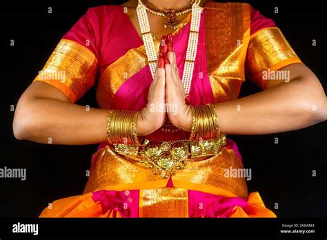 Indian Bharatanatyam Classical Dancer Demonstrating Dance Mudra Or Gestures In Traditional
