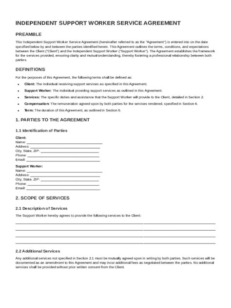 Independent Support Worker Service Agreement Template Fill Out And Sign