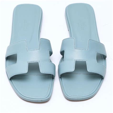 Hermes Blue Leather Slides Oran Sandals Flat Mule Slip On Shoes Sz 38 For Sale At 1stdibs