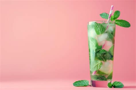 Mojito Cocktail On Pink Background Mint Tropical Mocktail Fresh Beach