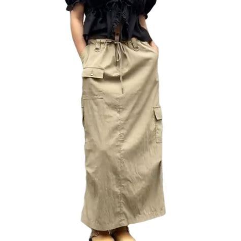 Coduop Women Long Cargo Skirts With Pockets Low Rise Shirred Vintage