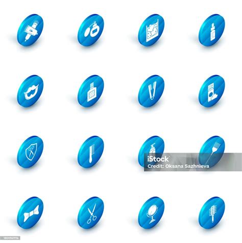 애프터 쉐이브 세트 위스키 및 얼음 한 잔 피펫 병 콧수염 수염 가위 미용 방패 면도 젤 폼 및 아이콘용 컬링 다리미 벡터 3차원 형태에 대한 스톡 벡터 아트 및 기타