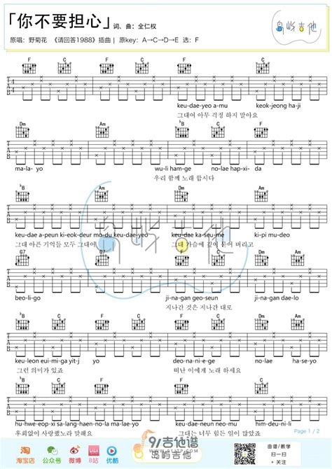 F调简单版野菊花乐队你不要担心吉他谱 弹唱六线谱 Guitar Tabs 简谱网