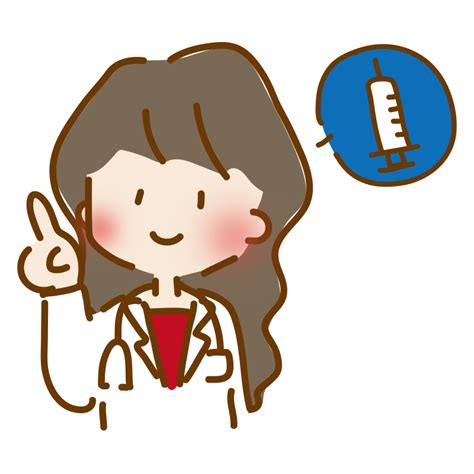 注射の説明をしているゆるくて可愛い女性のお医者さんの無料フリーイラスト かわいい手描きの無料素材「てがきっず」保育園・小学校・介護施設