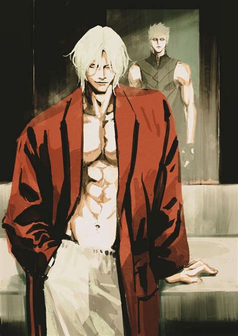 An Anime Character With White Hair And No Shirt Standing In Front Of