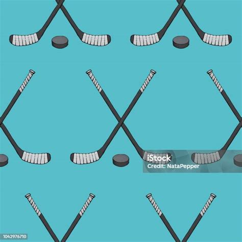 아이스 하 키 퍽 원활한 패턴 스틱입니다 벡터 일러스트 레이 션 파란 배경에 고립 된 스포츠 아이스 하 키 스포츠 장비입니다 손 만화 스타일의 지팡이 그립니다 연속무늬에