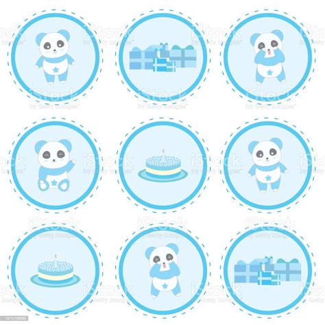 생일 컵 케 익 토퍼에 대 한 적합 한 원형 프레임에 귀여운 블루 팬더 선물과 생일 케이크와 함께 생일 그림 컵케이크에 대한 스톡 벡터 아트 및 기타 이미지 Istock