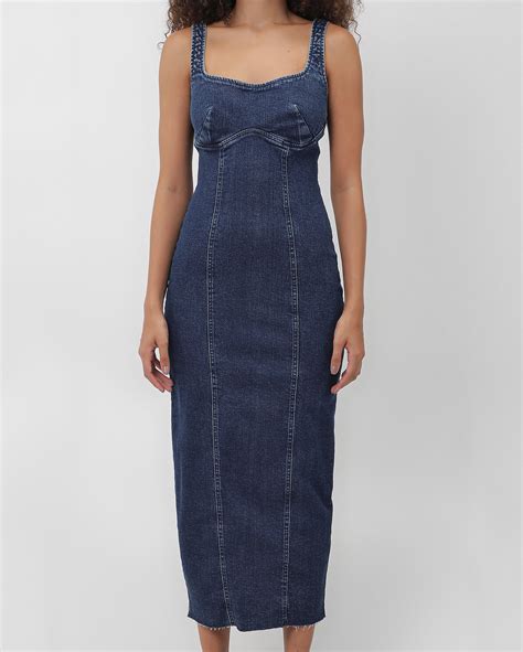 Riachuelo Vestido jeans midi zíper e fenda denim escuro Pool by