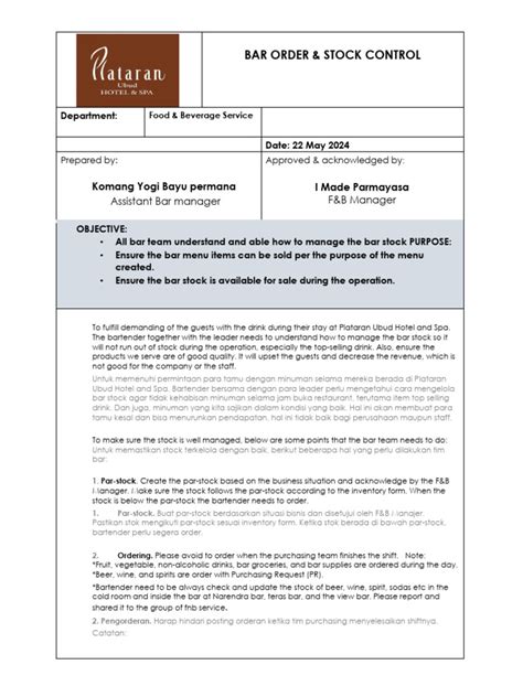 Bar Stock And Order Sop Pdf Restaurants Drink