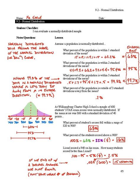 Normal Distributions Notes Key By Graham Earles High School Math Content
