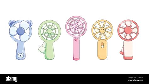 Cute Portable Handheld Electric Fan Cartoon Vector Illustration Set Of