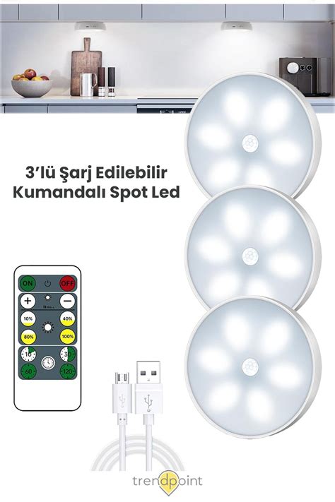 Trendpoint Usb Şarjlı lü Spot Led Beyaz Işık Kumandalı Akıllı Hareket Sensörlü Kablosuz Lamba