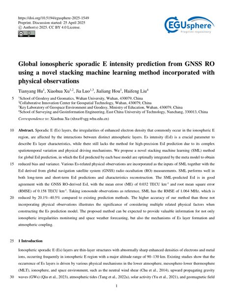 Pdf Global Ionospheric Sporadic E Intensity Prediction From Gnss Ro Using A Novel Stacking
