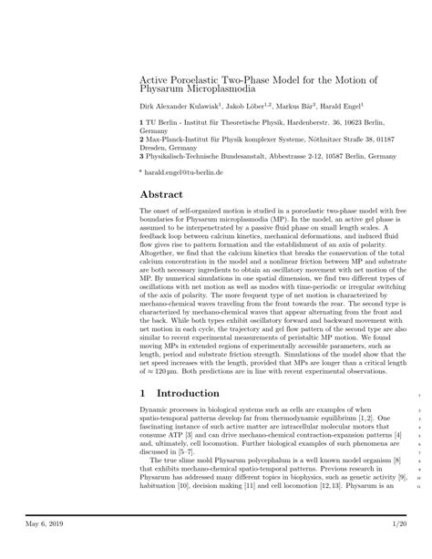 Pdf Active Poroelastic Two Phase Model For The Motion Of Physarum Microplasmodia