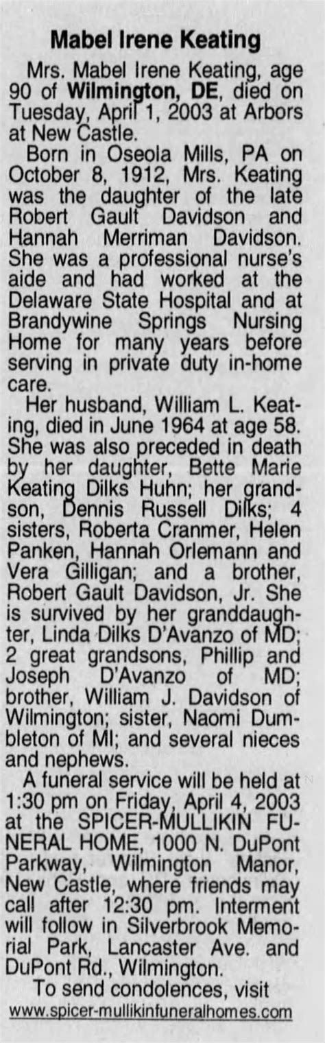Obituary For Mabel Irene Keating 1912 2003 Aged 58 ™