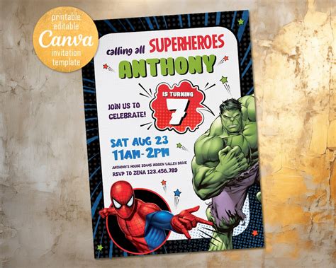Superhero Invitation Avengers Birthday Invite Boy Spiderman Invitation Hulk Party Instant