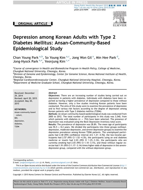 PDF Depression Among Korean Adults With Type 2 Diabetes Mellitus