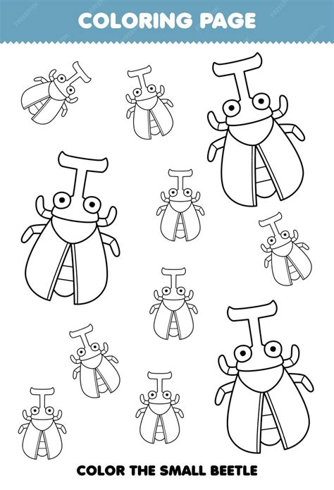 귀여운 만화 딱정벌레 라인 아트 인쇄용 버그 워크시트의 크거나 작은 그림을 색칠하는 어린이를 위한 교육 게임 프리미엄 벡터
