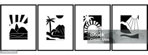 아침에 흑백 포스터 일출 바다와 야자수 배경 일출은 아이콘과 기호 포스터 엽서 로고에 적합합니다 벡터 그림입니다 달 하늘에 대한 스톡 벡터 아트 및 기타 이미지 Istock