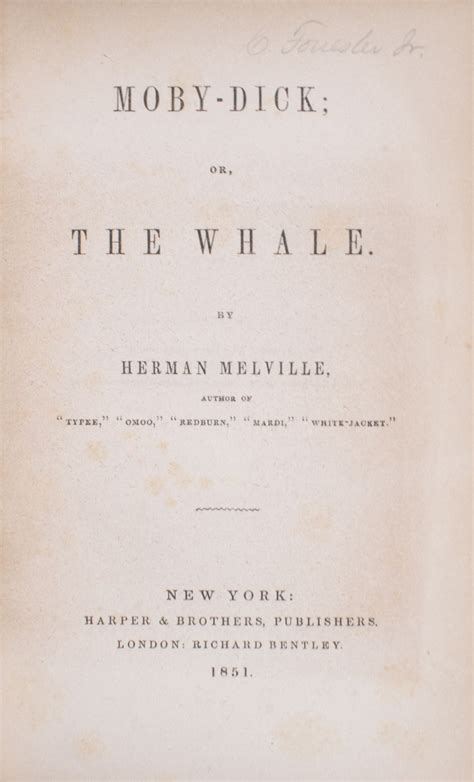 Moby Dick Or The Whale By Melville Herman 1 Vols 8vo 1851 First