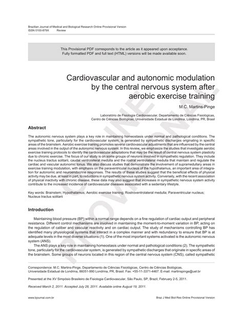 Pdf Cardiovascular And Autonomic Modulation By The Central Nervous System After Aerobic