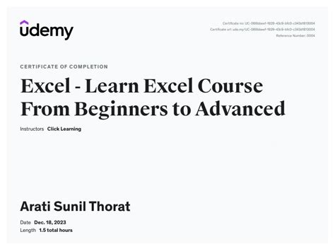 Completed Udemy Excel Course And Earned A Certificate Arati Thorat