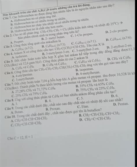 Hay Khoanh tròn các chữ AB C D trước những câu trả lời đúng Câu 7 Các
