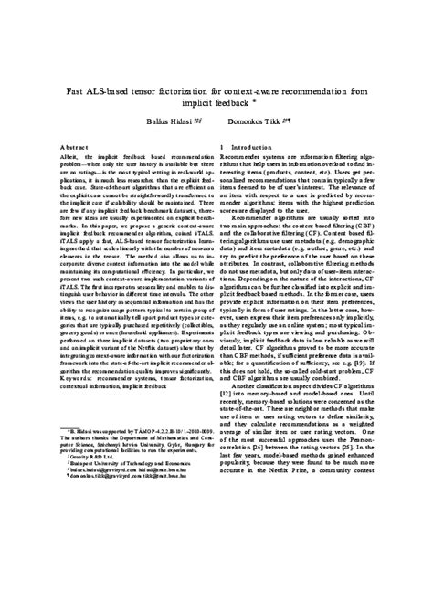 Pdf Fast Als Based Tensor Factorization For Context Aware Recommendation From Implicit Feedback
