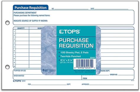 Tops Purchase Requisition Pad 10 Lines 55 X 8 Inches 100 Sheets Per