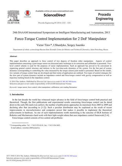 Pdf Force Torque Control Implementation For 2 Dof Manipulator