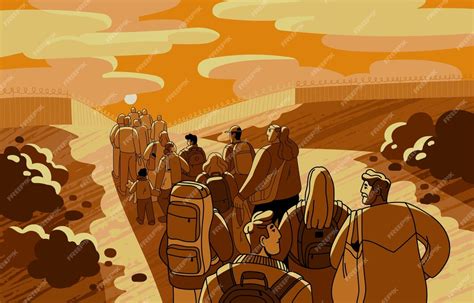 Premium Vector Migration Crisis Concept Migrants Crowd Queue Many