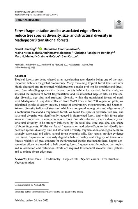 Pdf Forest Fragmentation And Its Associated Edge Effects Reduce Tree Species Diversity Size
